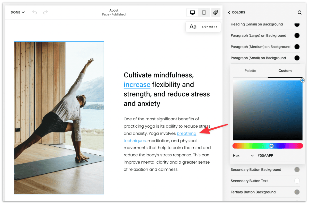 Change the color of a link Squarespace 7.1 (without code)
