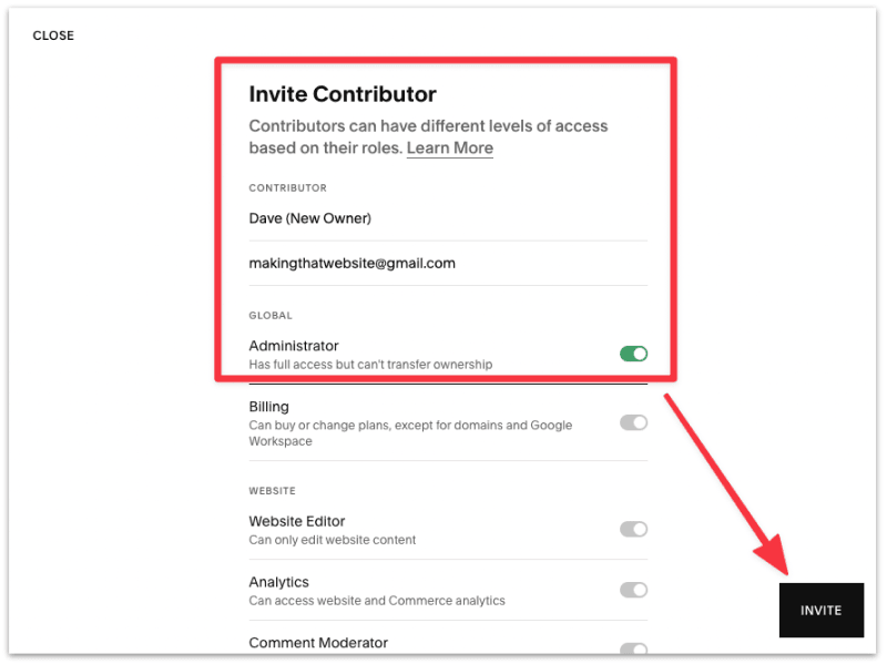 Transfer Squarespace site ownership to another account